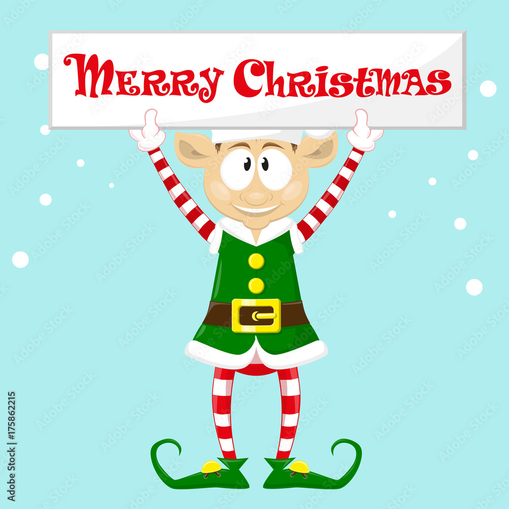 Cute and funny character Merry Christmas elf in santa claus hat. Happy ...