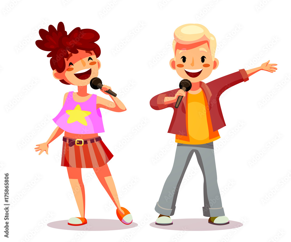Girl and boy singing into a microphone. Funny cartoon character ...