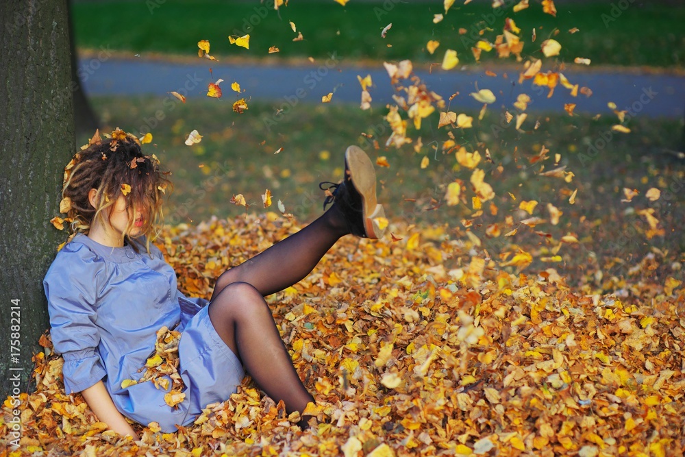 Girl In Falling Leaves Photography
