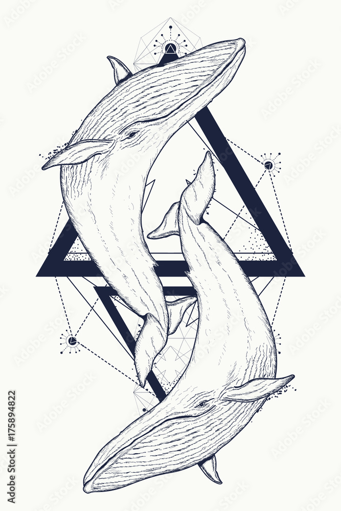 Two whales tattoo geometric style. Mystical symbol of adventure, dreams ...