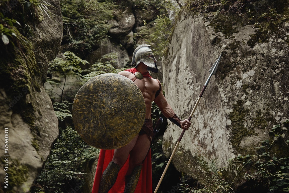 Shirtless muscular man wearing armor of ancient Roman warrior holding ...