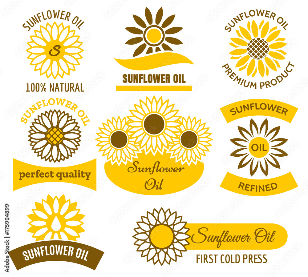 Sunflower oil logo set. Vector sunflowers sun field plants labels and ...
