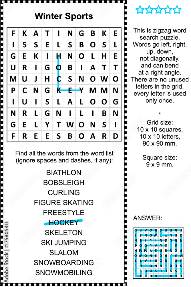 Winter sports themed zigzag word search puzzle (suitable both for kids ...