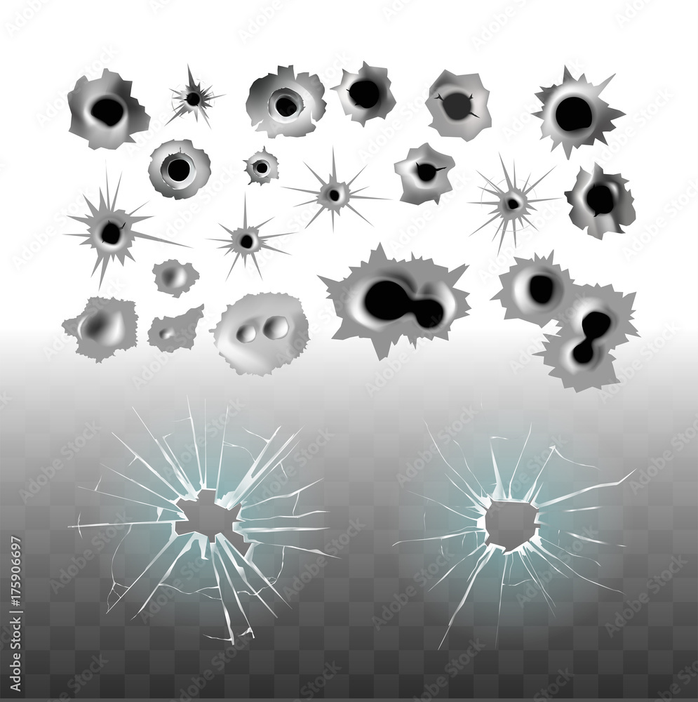 Bullet shot holes glass cracks, vector bullets marks on vector transparent background vector de ...