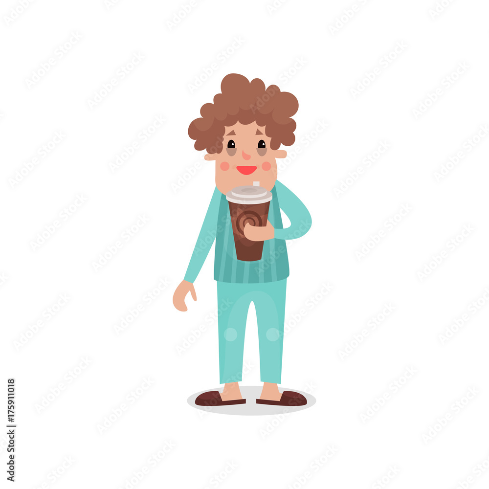 Young man drinking giant cup of coffee, harmful habit and addiction ...