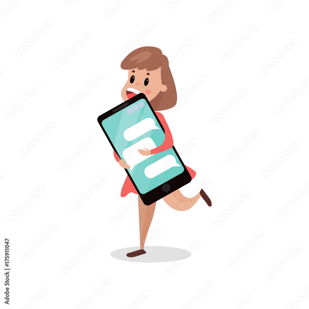 Young woman running with giant smartphone, internet addiction cartoon ...