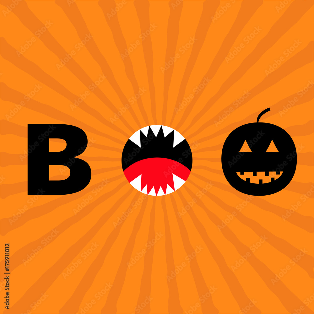 Word BOO text with smiling sad black pumpkin silhouette. Angry ...