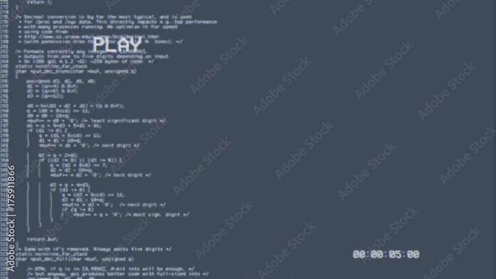 Fake VHS tape: a simple source code scrolling animation, scrambled text from public domain ...