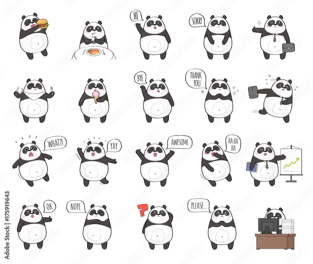 Set of cute panda character with different emotions, isolated on white ...