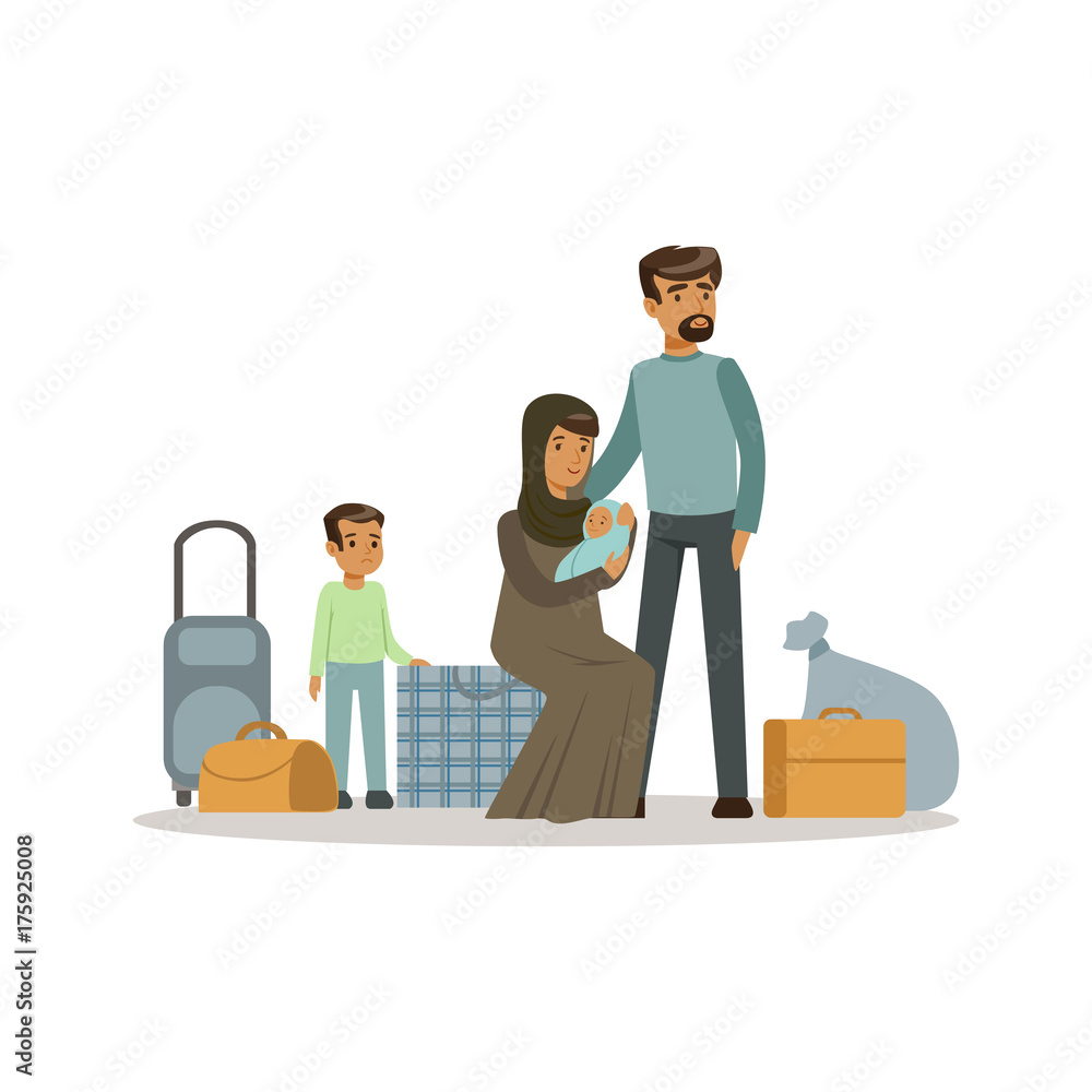 Stateless refugee family with suitcases, war victims concept vector ...