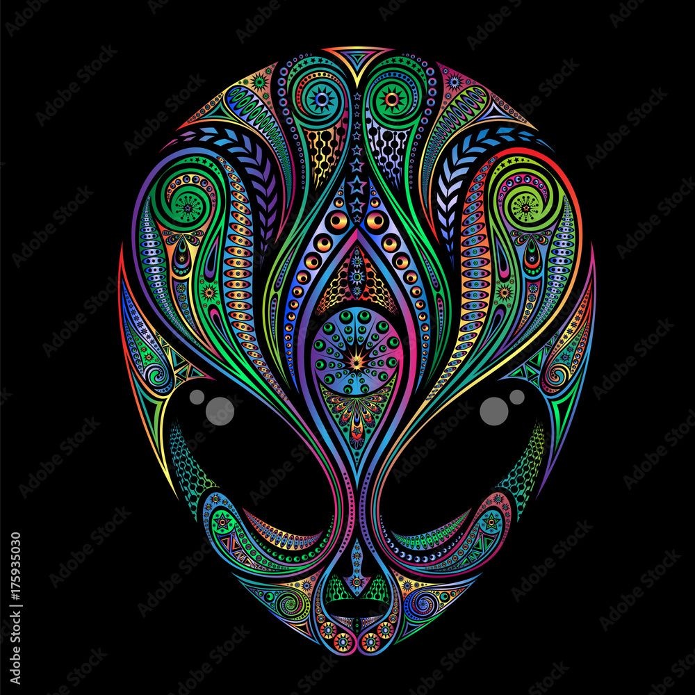 Color vector alien head from patterns on a black background Stock ...