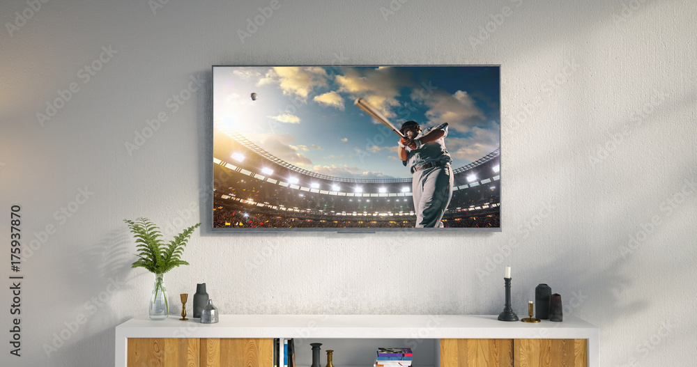 Living room led tv showing baseball game Stock Photo | Adobe Stock
