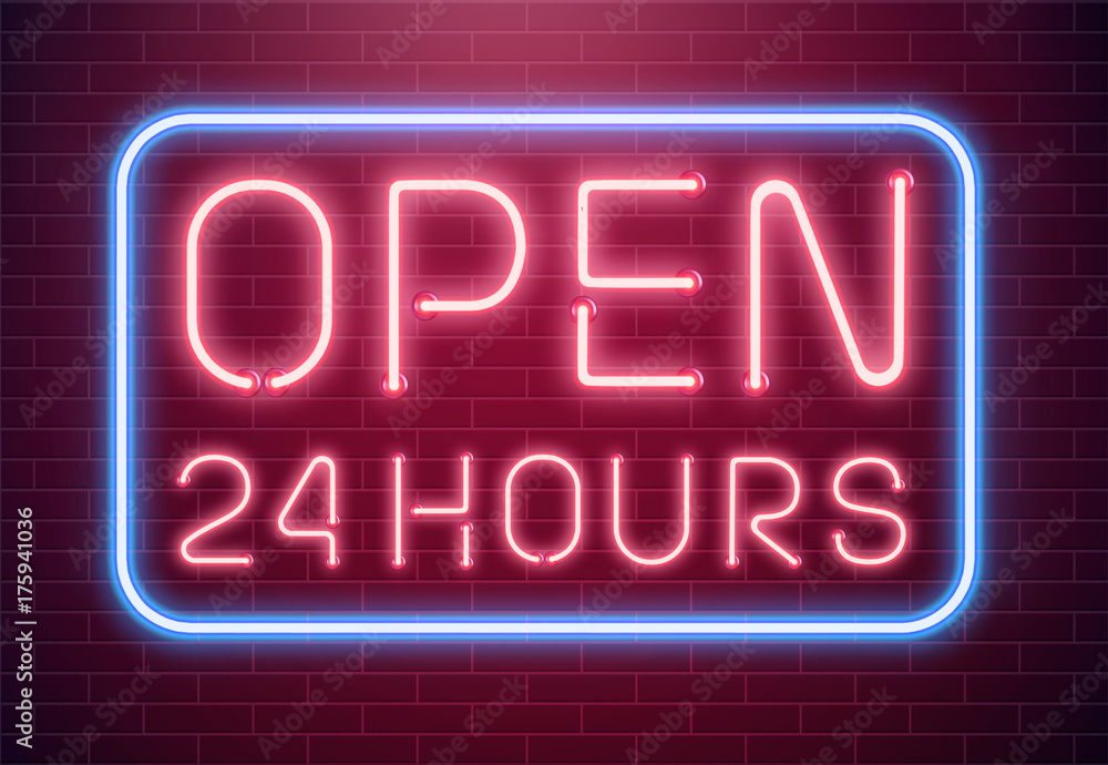 Bar open light Neon Sign. Night store red glowing letters . Open 24 ...