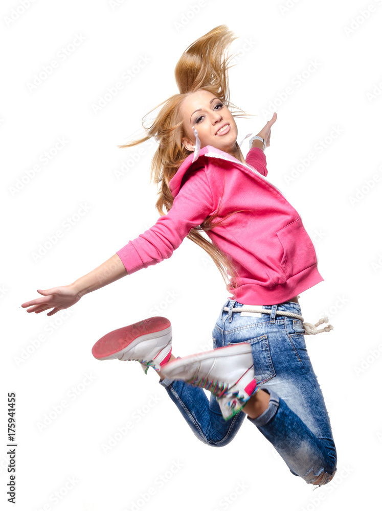 Hip hop dancer woman jumping high in the air Stock Photo | Adobe Stock