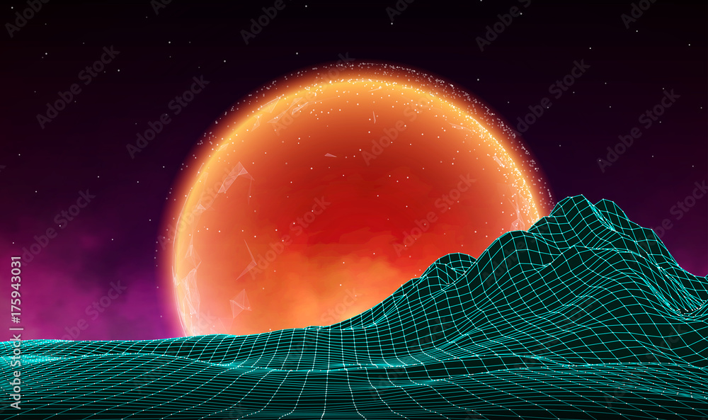 Vector retro futuristic background. Digital retro landscape in1980s ...