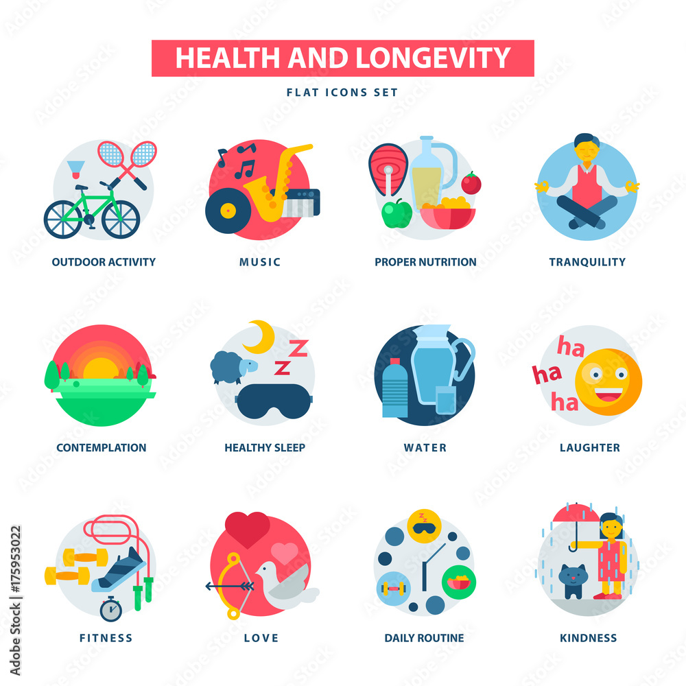 Health and longevity icons modern activity durability vector natural ...