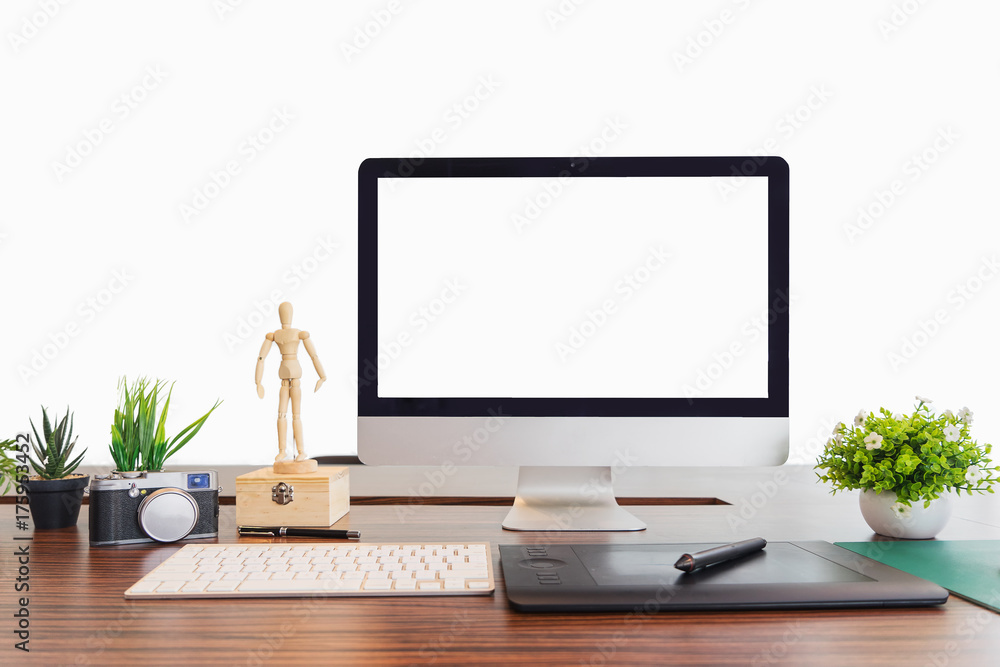 Stylish workspace with desktop and laptop computer, office supplies ...