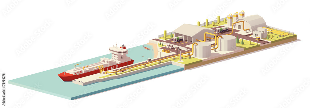 Plakát Vector low poly LNG terminal and LNG carrier ship – Obraz na Zeď ...