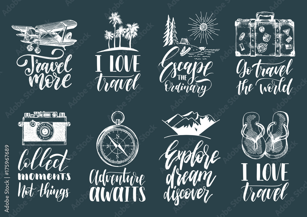 Vector set of hand lettering with phrases about traveling and sketches ...