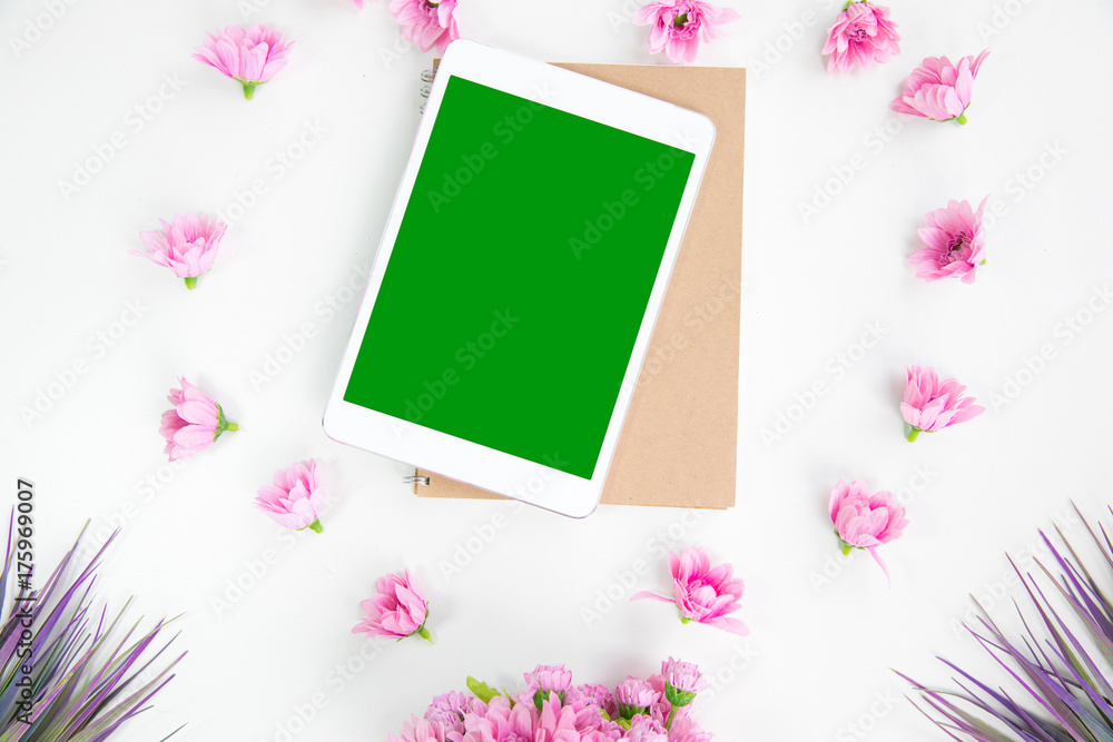 Office desk tablet work space table top view overhead above show tablet ...