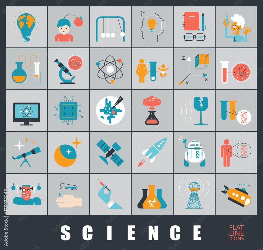 Collection of scientific icons. Icons of science, ideas, physics ...