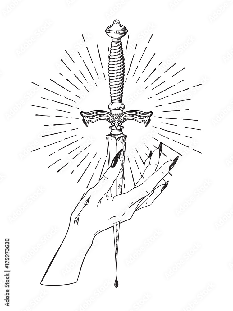 Female hand pierced with ritual dagger in rays of light isolated on ...