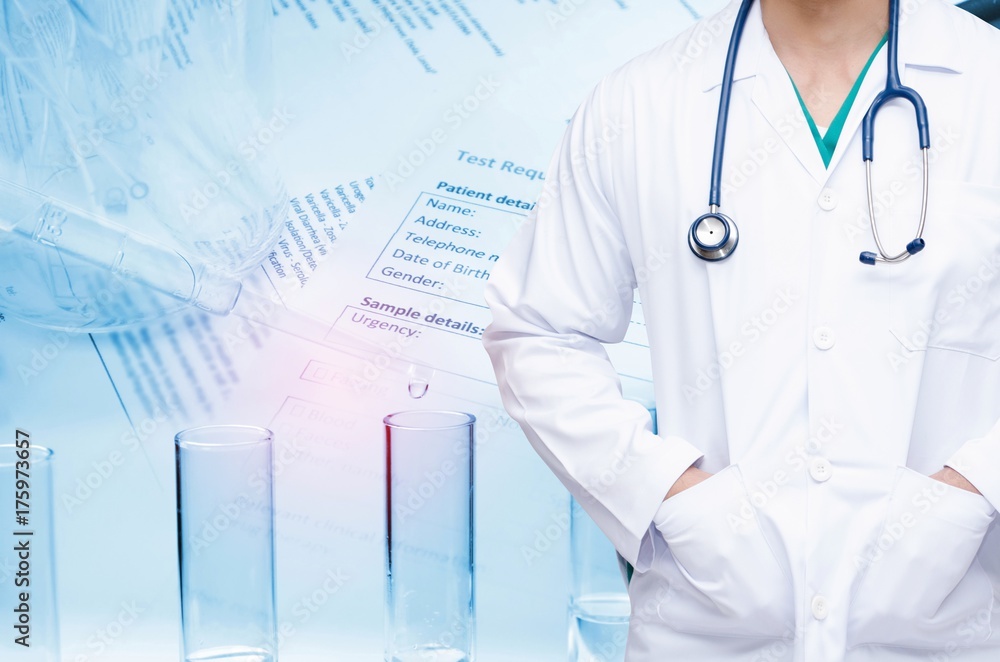 smart doctor with a stethoscope and laboratory test tube, beaker and ...