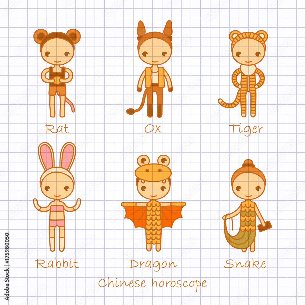 vector color hand drawing signs of the Chinese horoscope Rat, Ox, Tiger ...