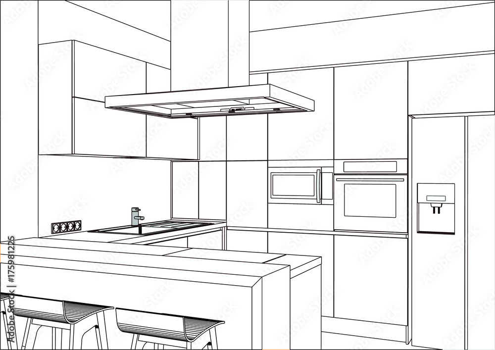3D vector sketch. Modern kitchen design in home interior. Kitchen ...