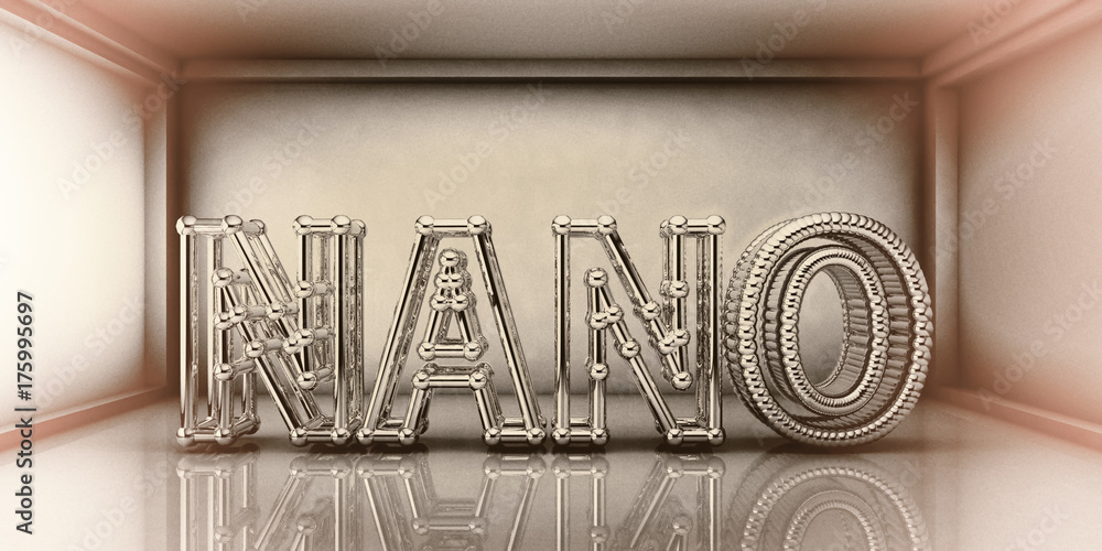 Nano word built from crystalline network, nanotechnology concept, 3D ...
