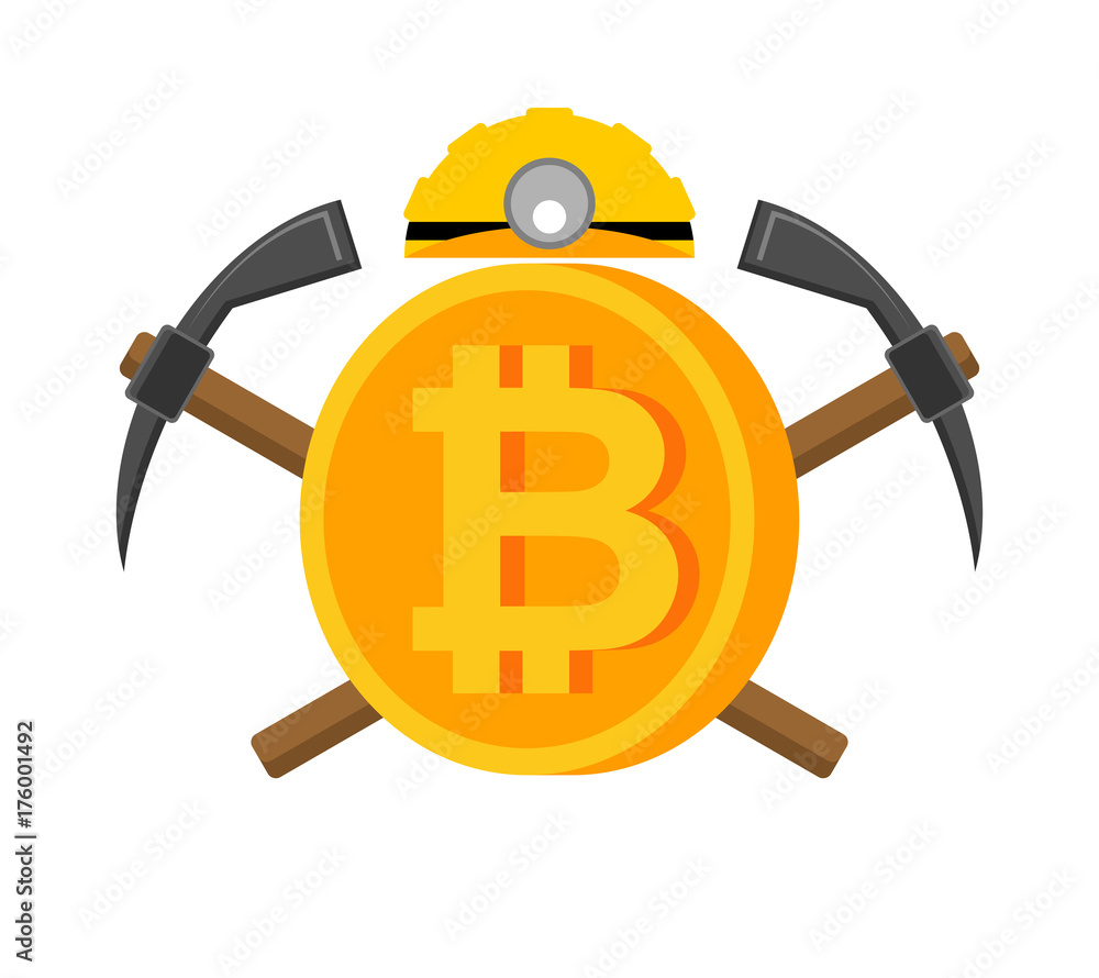 Mining bitcoin logo. Meiner emblem. Helmet and pickaxe and coin are ...