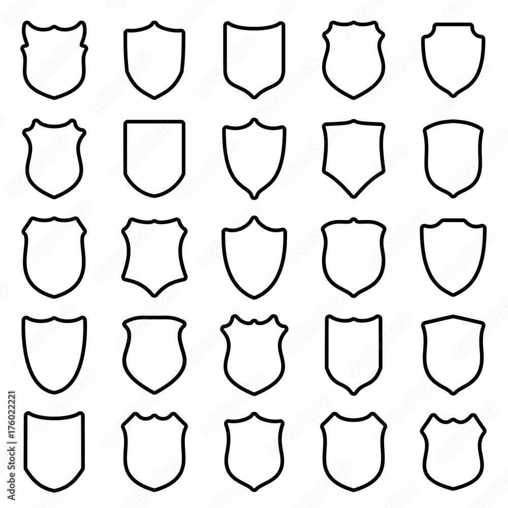 Large set of contour black shields with rounded corners isolated on ...
