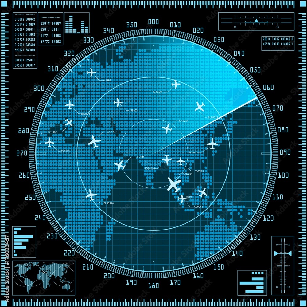 Blue radar screen with planes and world map Stock Illustration | Adobe ...