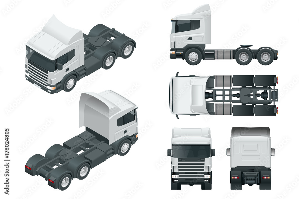 Truck tractor or semi-trailer truck. View front, rear, side, top and ...