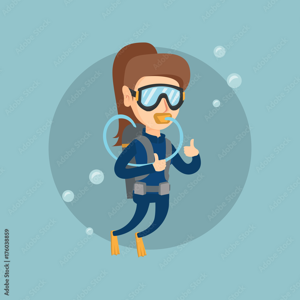 Young caucasian woman in diving suit swimming underwater with scuba and ...