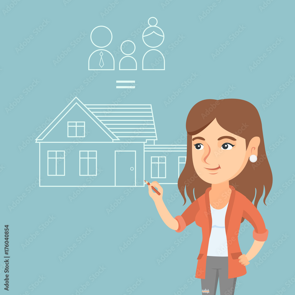 Young caucasian woman drawing a family house. Smiling happy woman ...