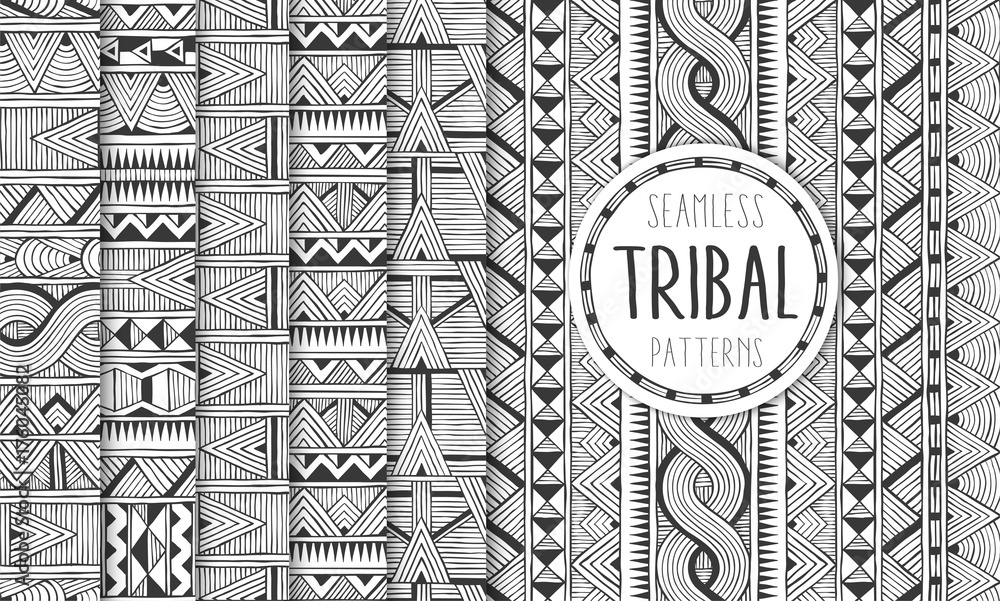 Set of six ethnic seamless patterns. Tribal geometric backgrounds ...