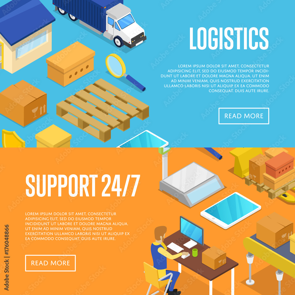 24/7 delivery support and warehouse logistics isometric posters ...