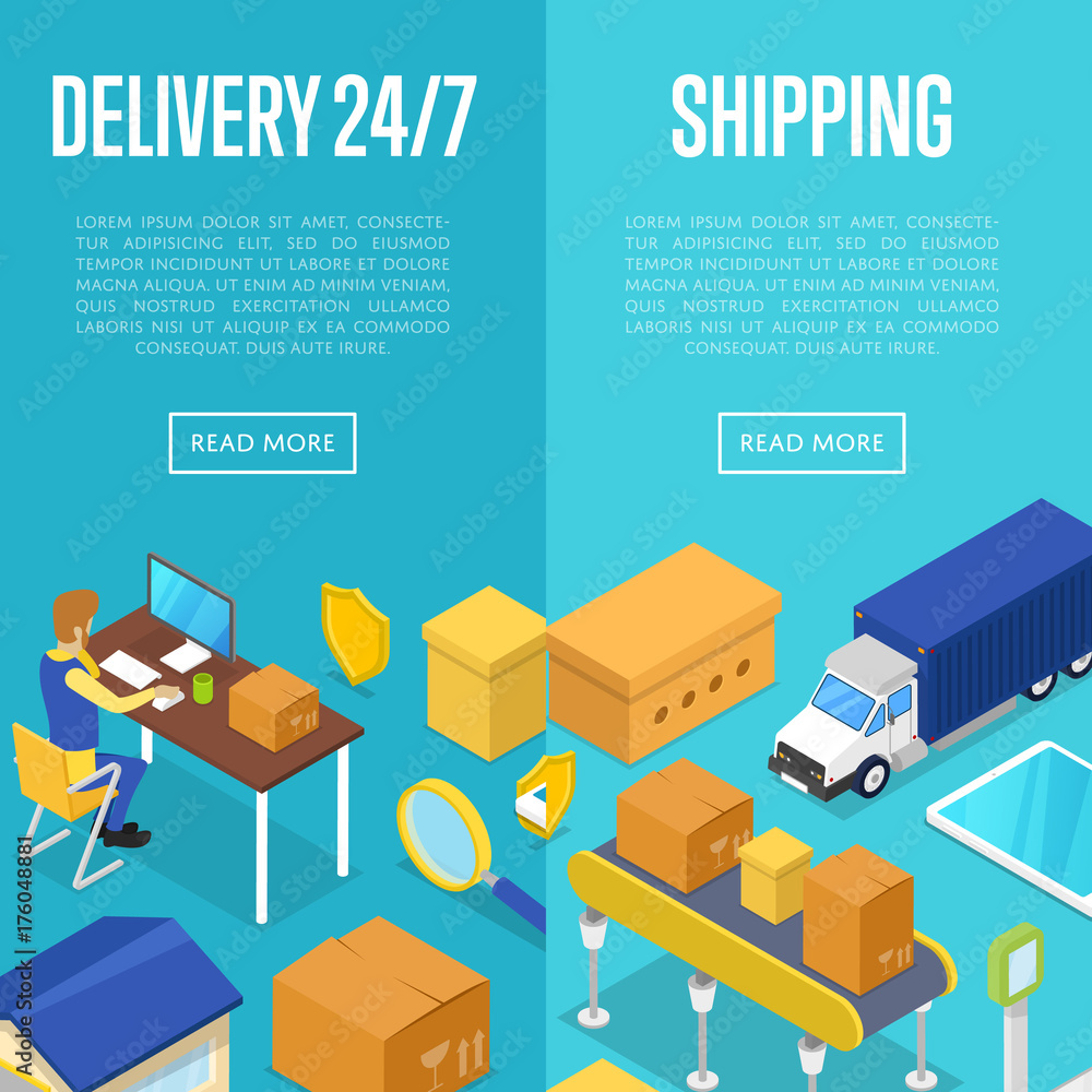 24/7 delivery and freight shipping isometric posters. Logistics and ...