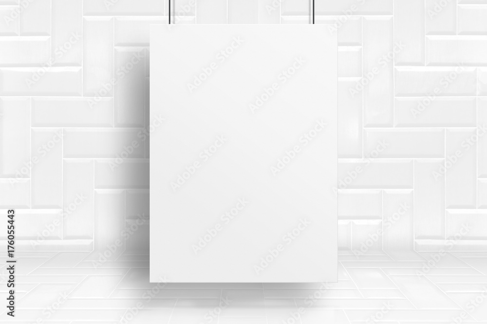 Blank white poster hanging at clean white ceramic tile wall and floor ...