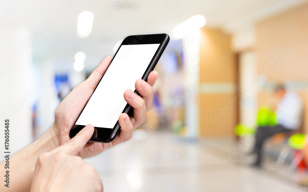 Hand click mobile phone with blur patient at hospital background bokeh ...