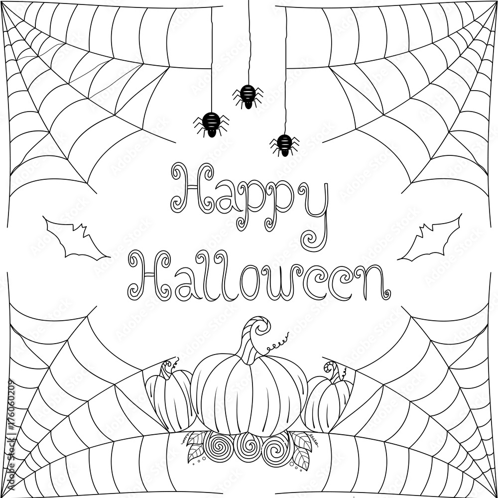 Coloring book page of halloween festival with pumpkin,spider and bat ...