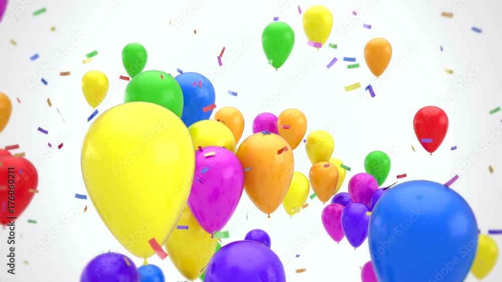 3D CGI animation of colorful confetti falling on vibrant flying ...