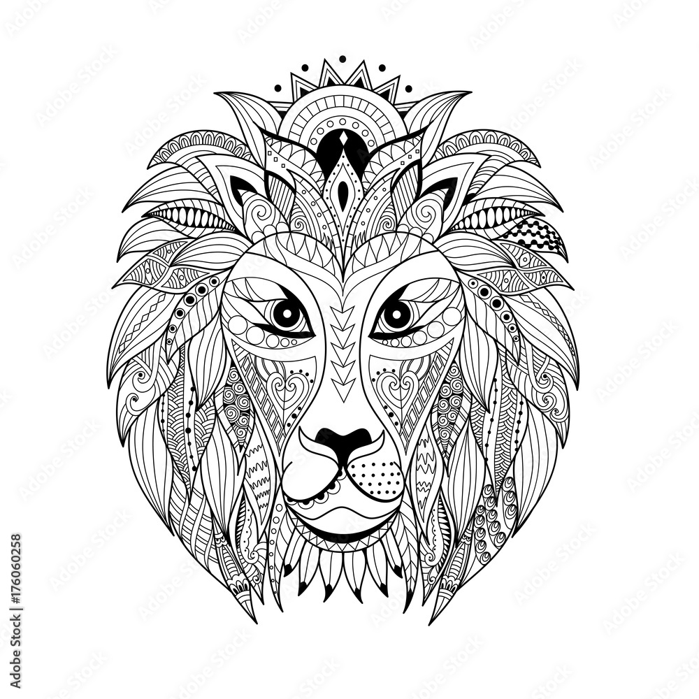 Hand drawn zentangle lion head for adult and children coloring book ...