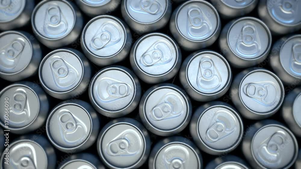 3d CGI seamless animation of camera moving over metal cans for drinks ...