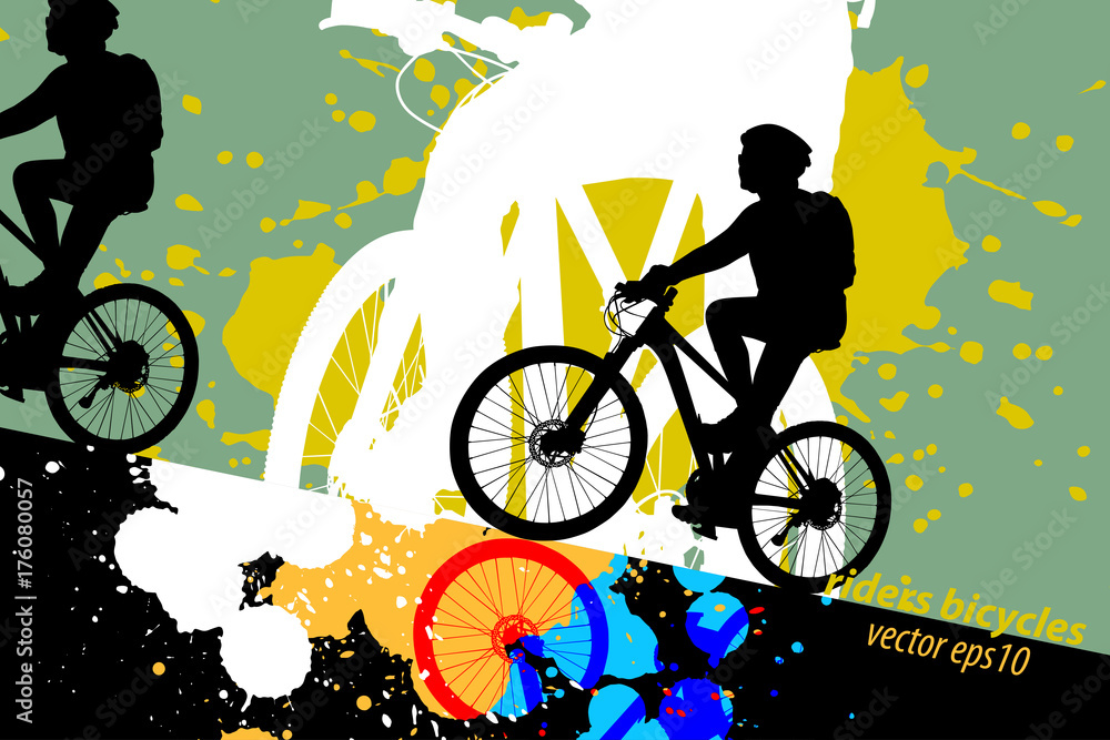 Silhouette woman ride bicycle scene vector grunge colors ink splatter ...