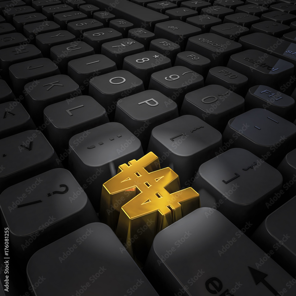 Money key won / 3D illustration of computer keyboard with gold South ...