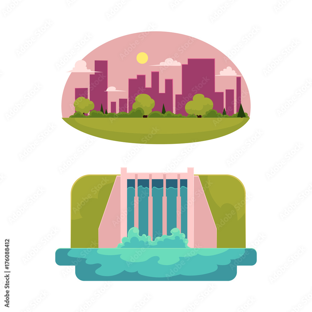 vector flat cartoon hydroelectric dam power station, green city concept ...