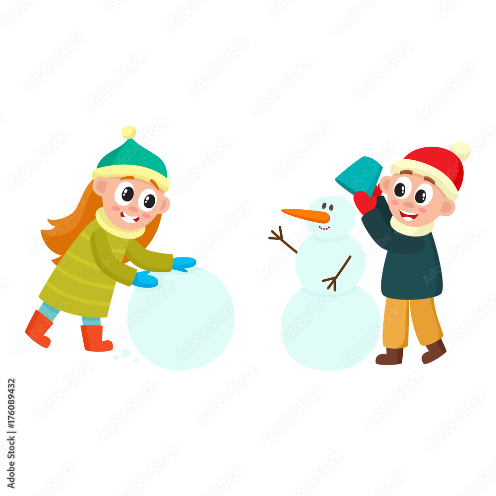 vector girl making big snowball, boy making snowman smiling set. Flat ...