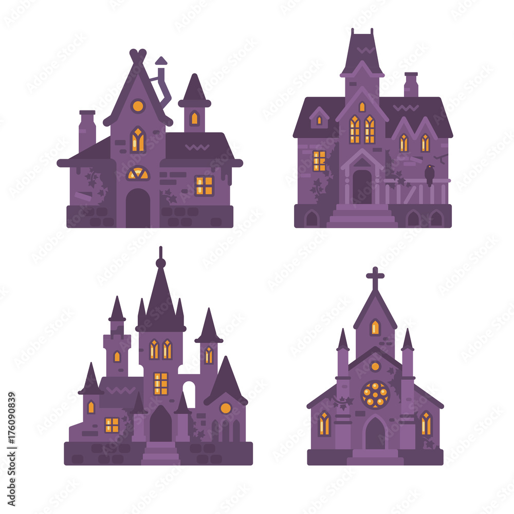 Four Halloween buildings flat illustration. Witch hut, haunted house ...